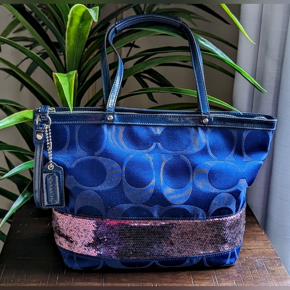 Coach | Bags | Coach Navy Blue Signature Monogram With Sequins Trim ...